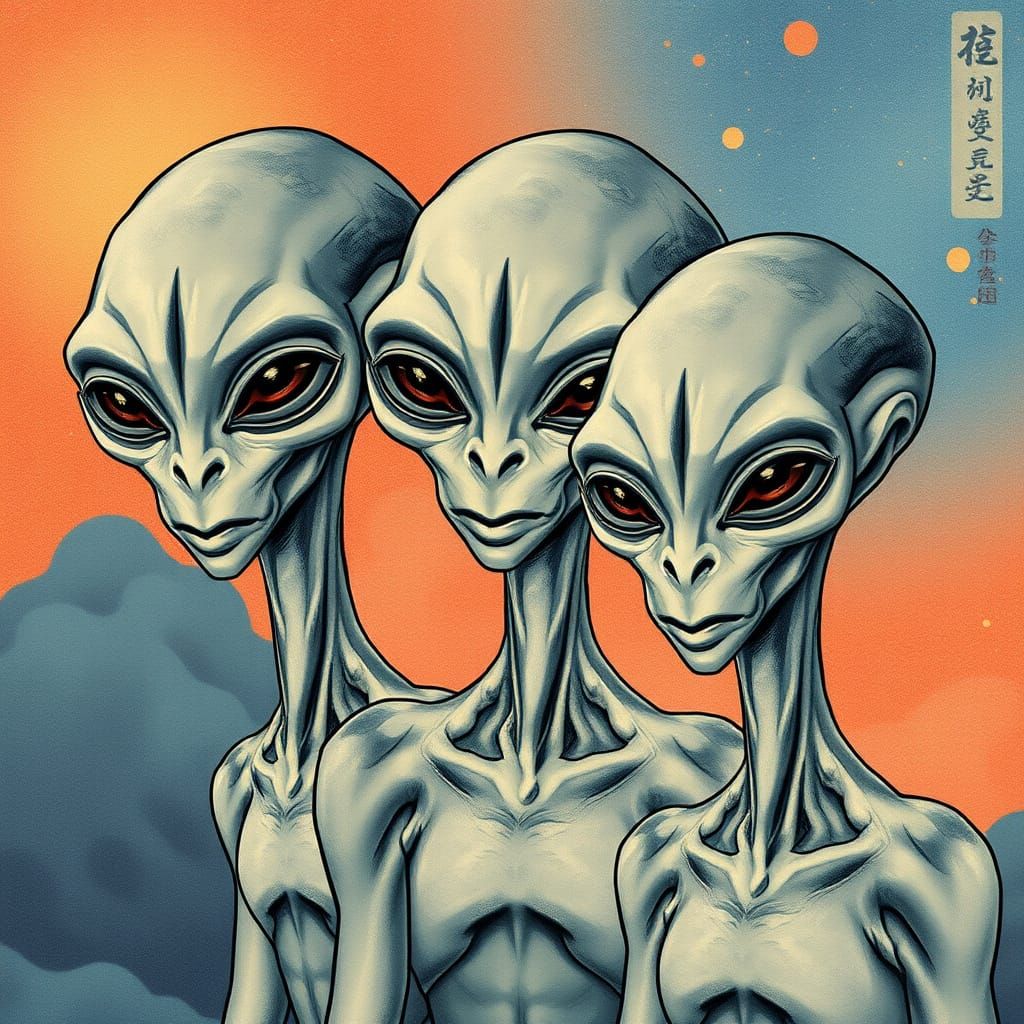 Peaceful Grey Aliens in Traditional Japanese Style - AI Art