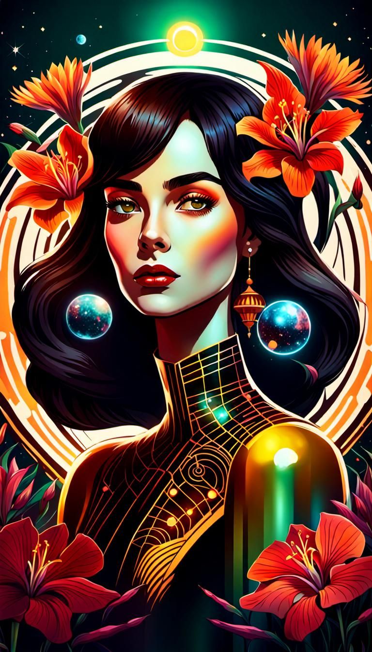 Solarpunk Brunette lady retroism 8k resolution cell-shaded. Elegant ...
