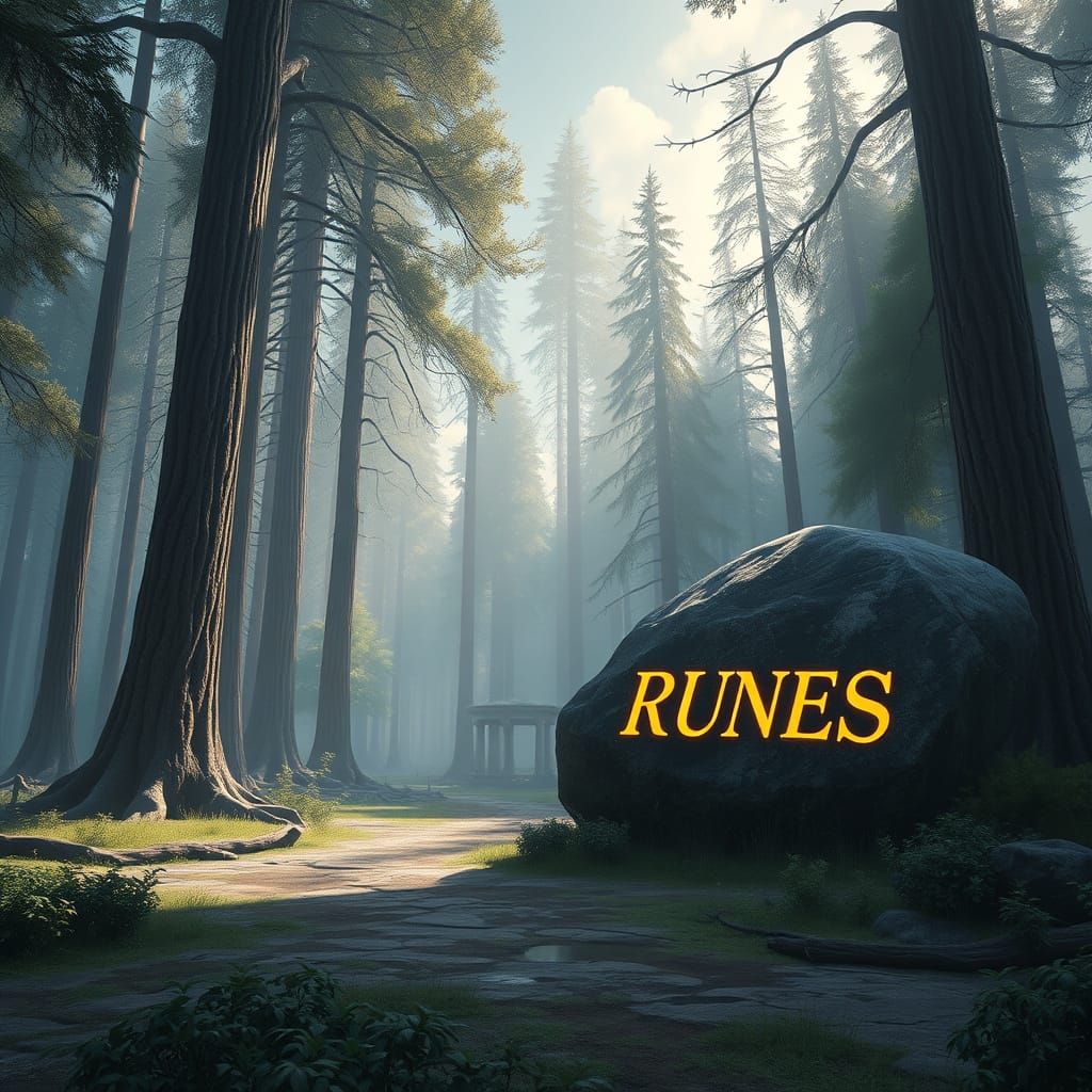 Ancient Trees Surround a Glowing Rune-Covered Boul... - AI Art