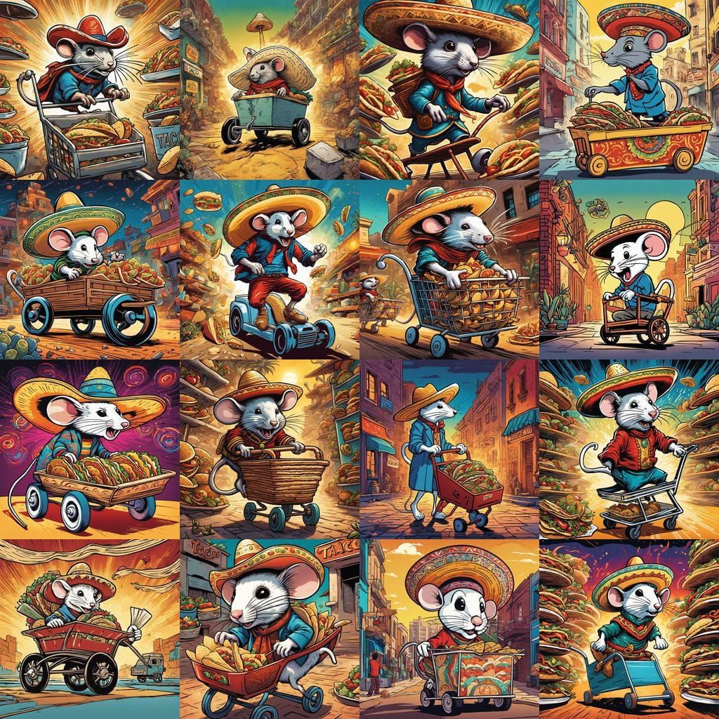 Mouse Vendor Pushing Taco Cart: Comic Book Art - AI Art