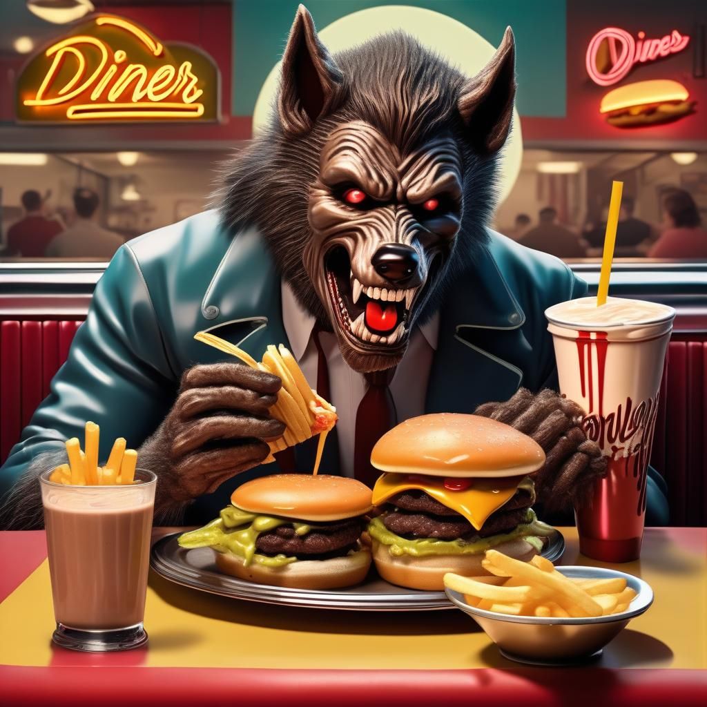 1950's Diner With A Werewolf Enjoying A Delicious Double Cheeseburger ...
