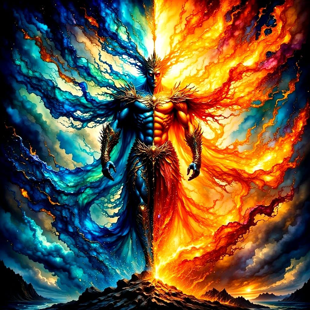 Flaming Warrior Confronts Icy Tempest - AI Art