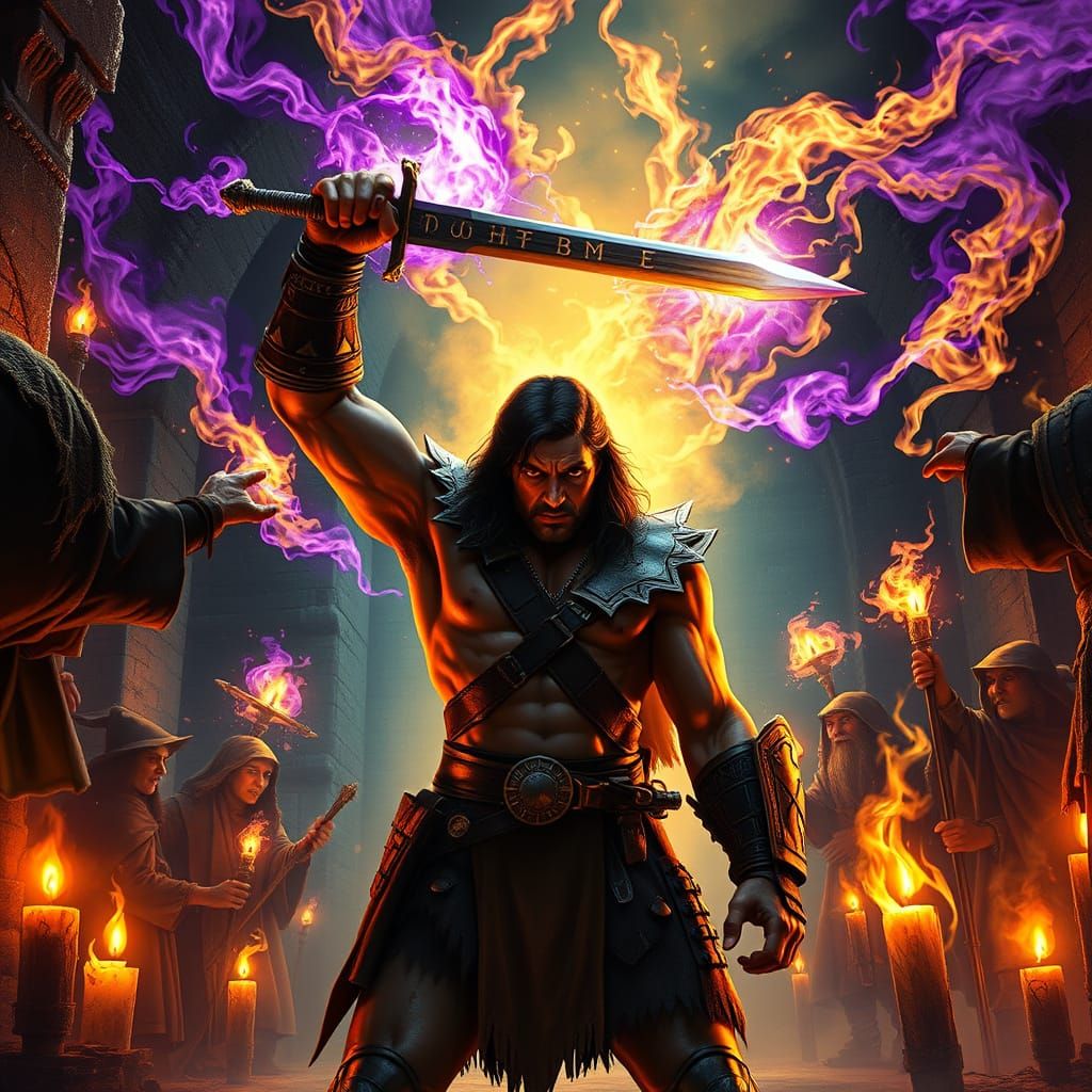 Barbarian Defies Dark Magic in Decrepit Castle - AI Art