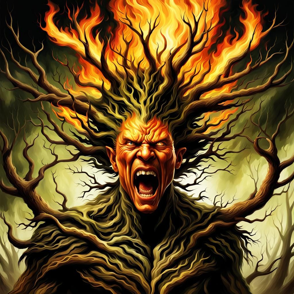 a portrait painting of a tree-man with branches for hair coming out of ...