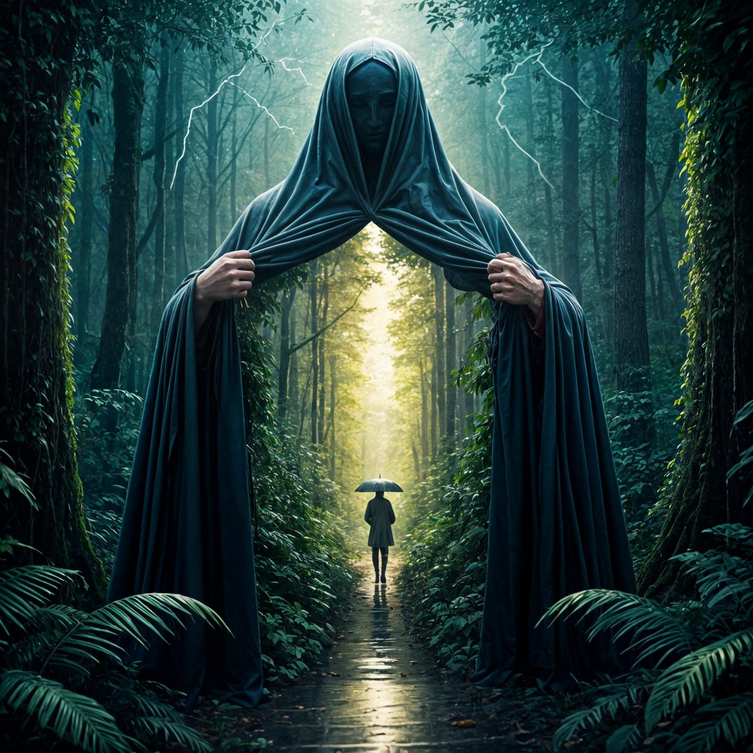 Lightning Cloak Figure in Forest Opening - AI Art