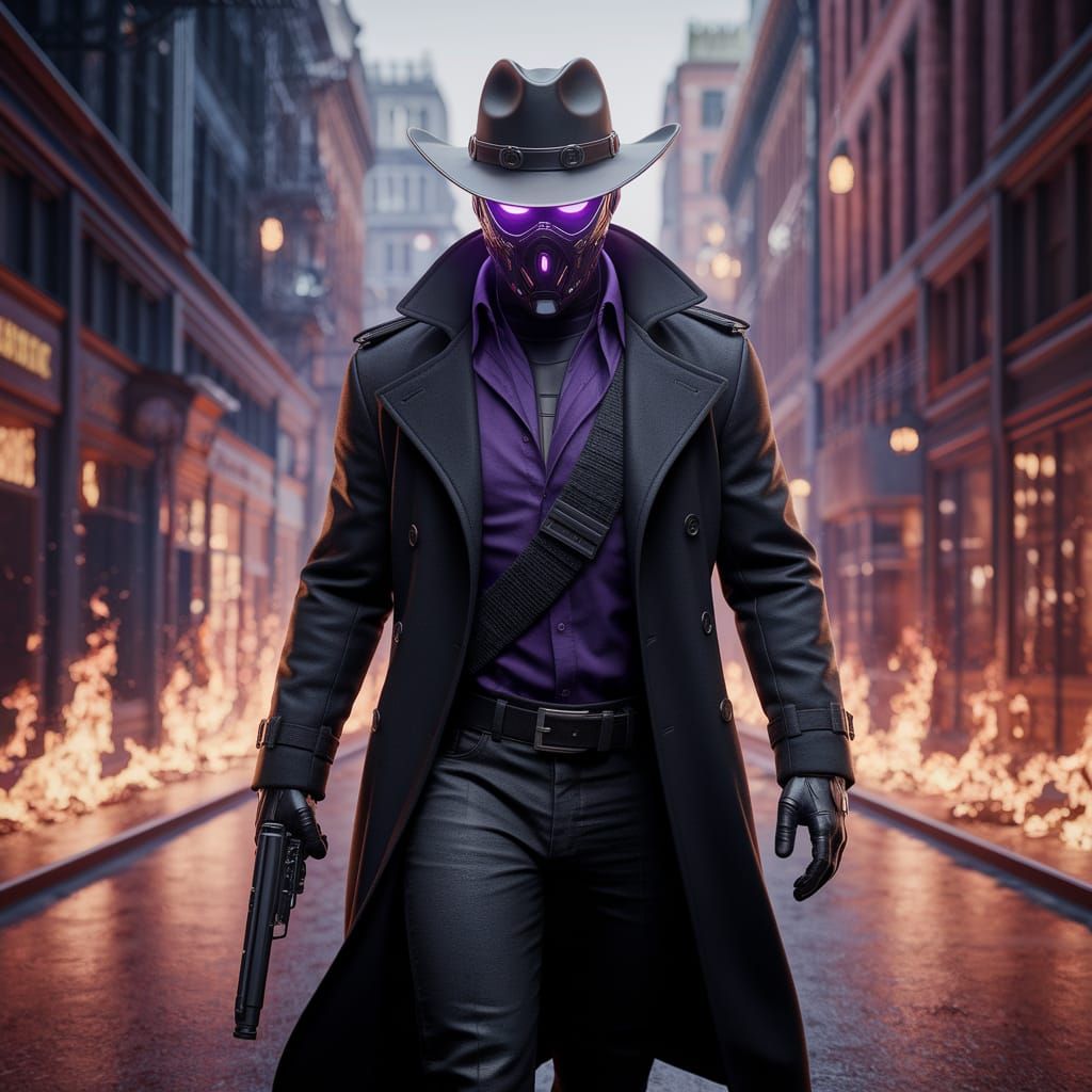 Fantastical Void-Touched Figure in Burning City - AI Art