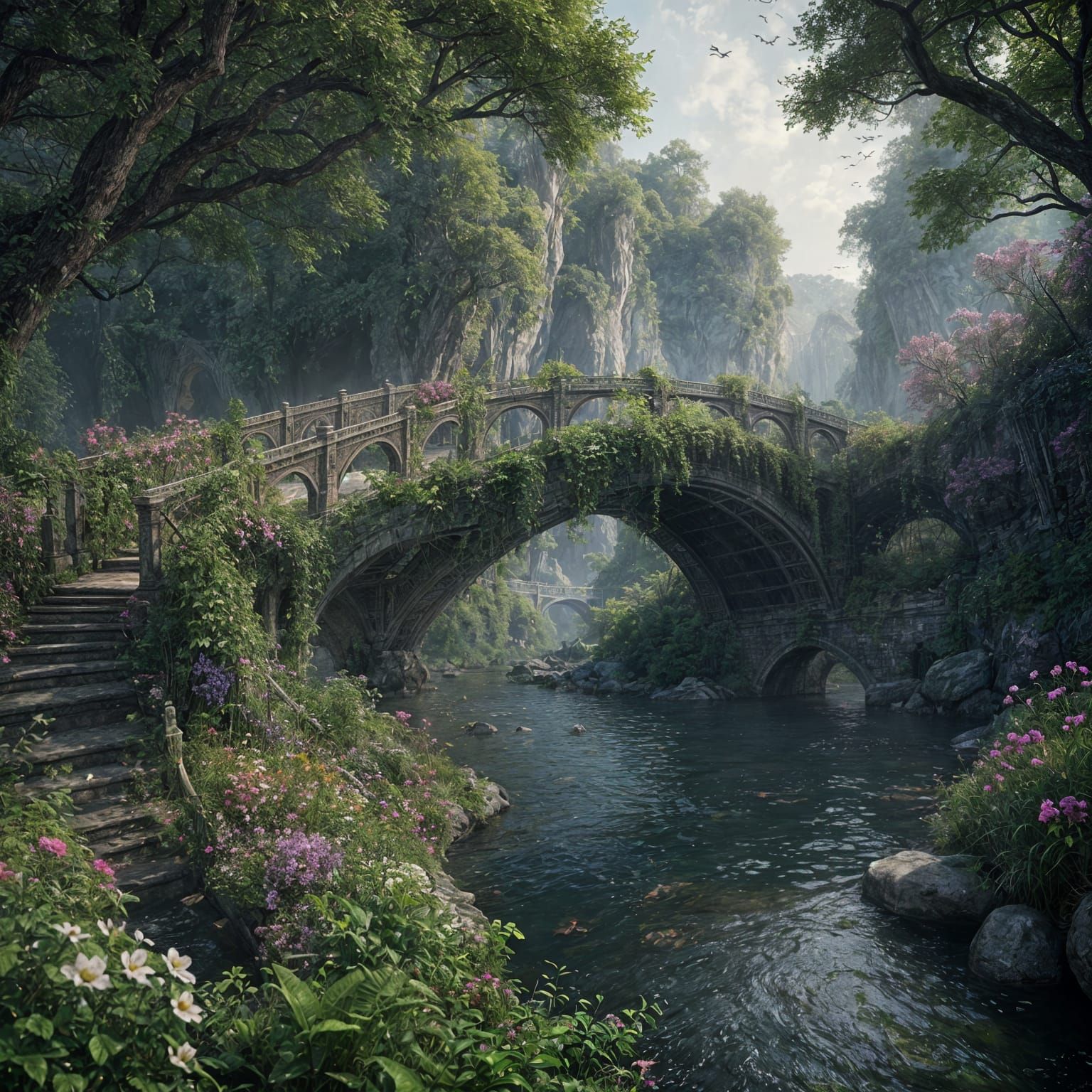 Flowery Bridge - Mysterious Floral Bridge Over a Turbulent R...
