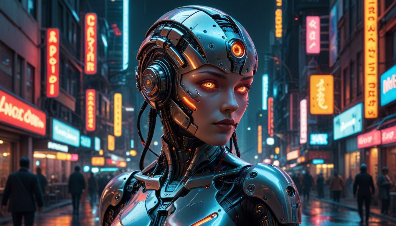 ...gynoid with cyberpunk background - realistic...