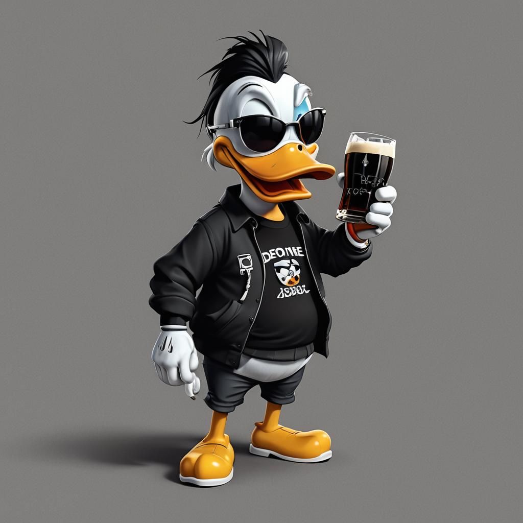 Donald Duck drinking a dark beer and wearing his black sunglasses ...
