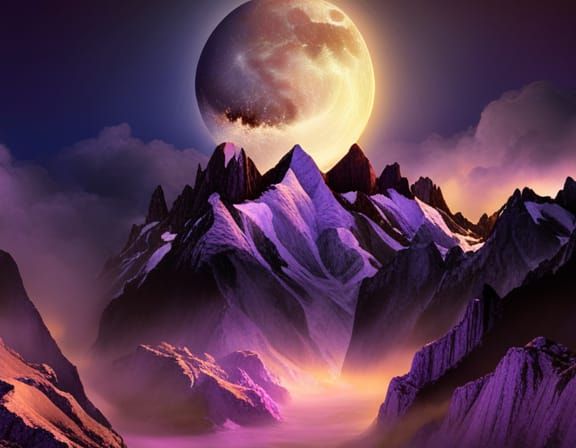 breathtaking digital painting full moon rising over fractal cliffs made ...