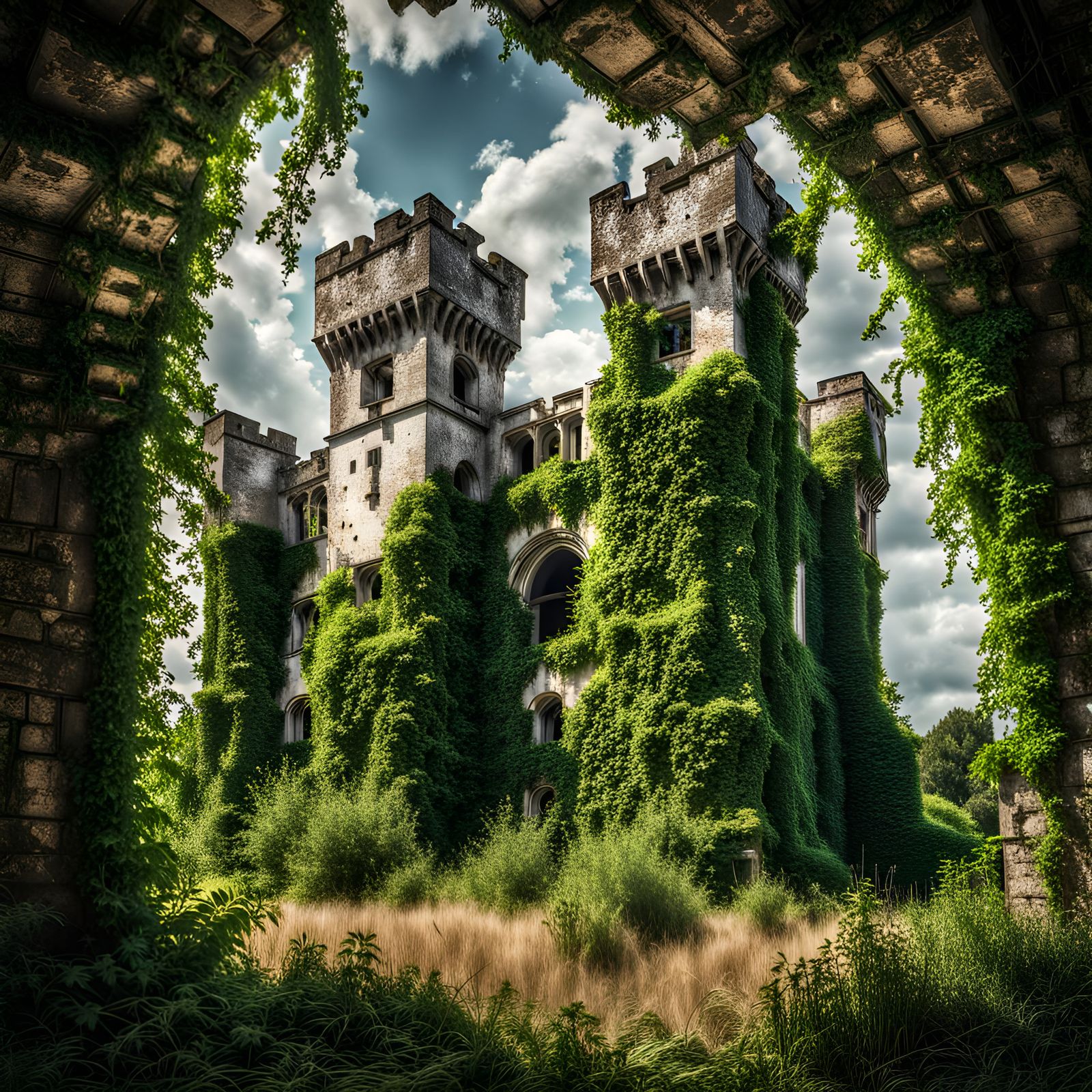 abandoned overgrown ruin of castle; Cinematic, intricate, clear ...