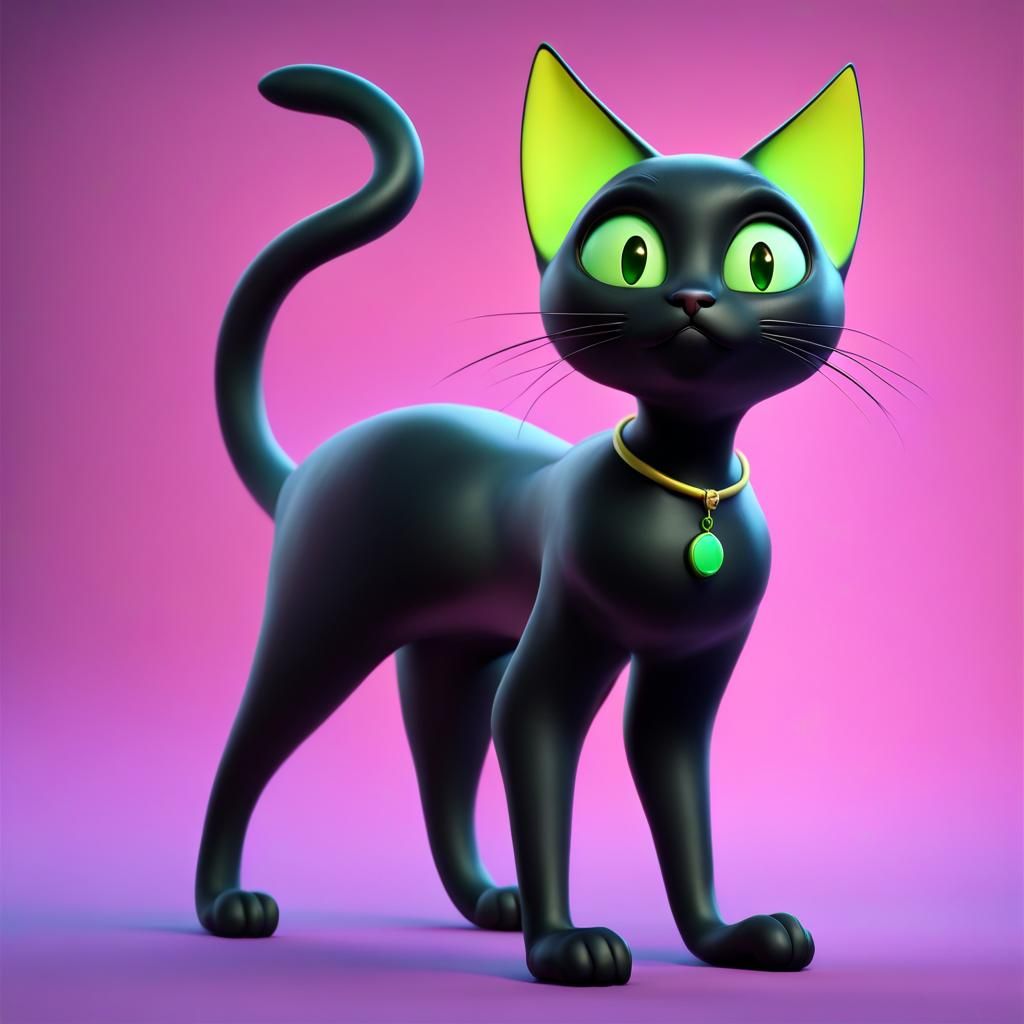 Lithe, black cat with short fur. Her ears are pointed, and she has a ...