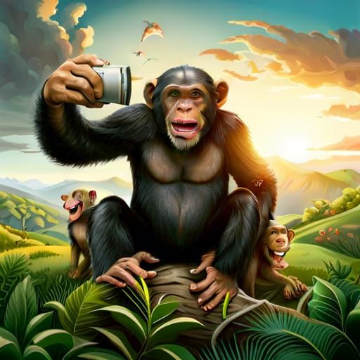 A chimp takes a selfie but finds himself photobombed - AI Generated ...