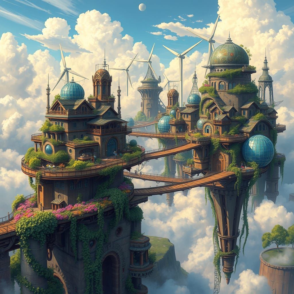 Ethereal Solarpunk Metropolis Among Clouds, with R... - AI Art