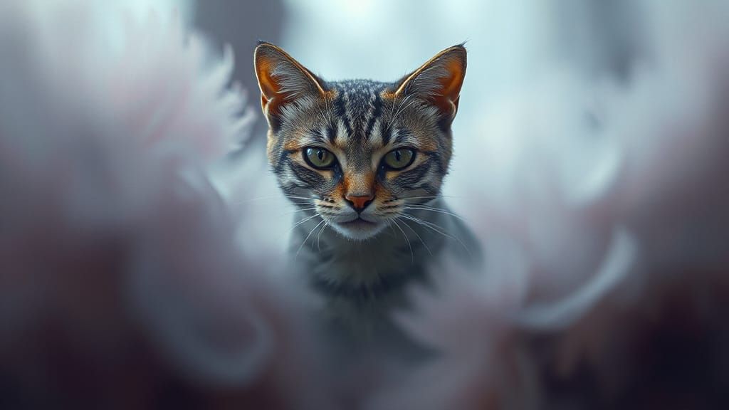 foggy fantasy cat - Mystical Feline Amidst Iridescent Fog
