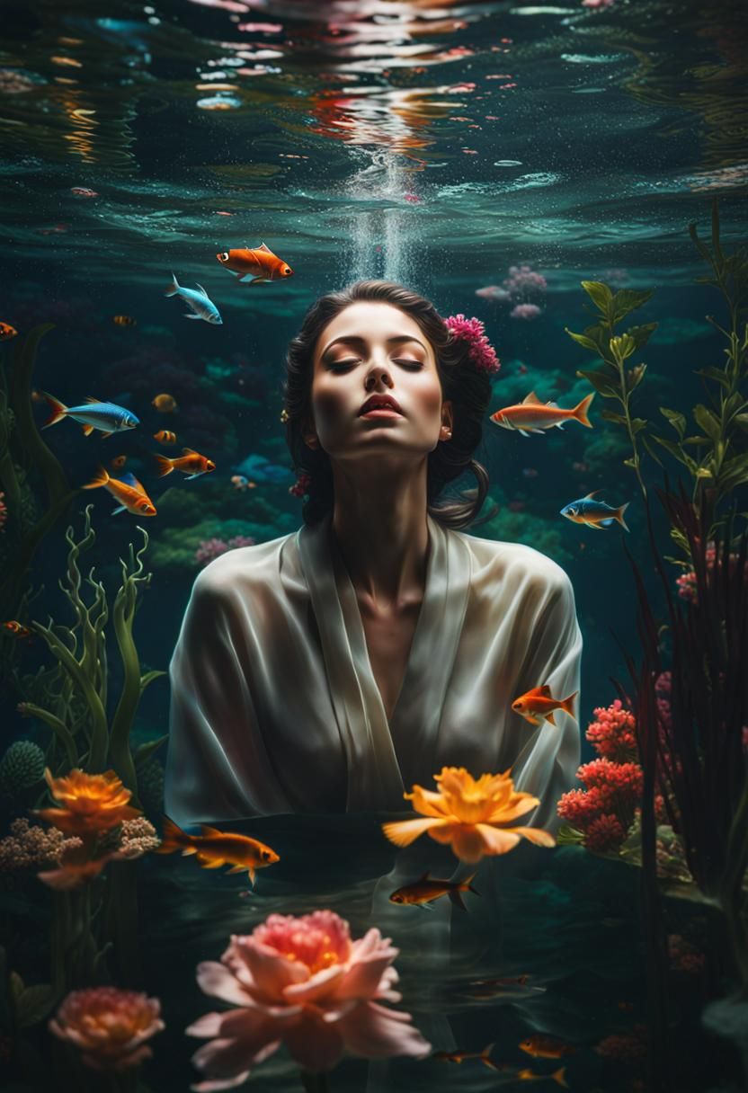 A Stunning And Lush Cinematic Image Of A Beautiful Woman Submerged