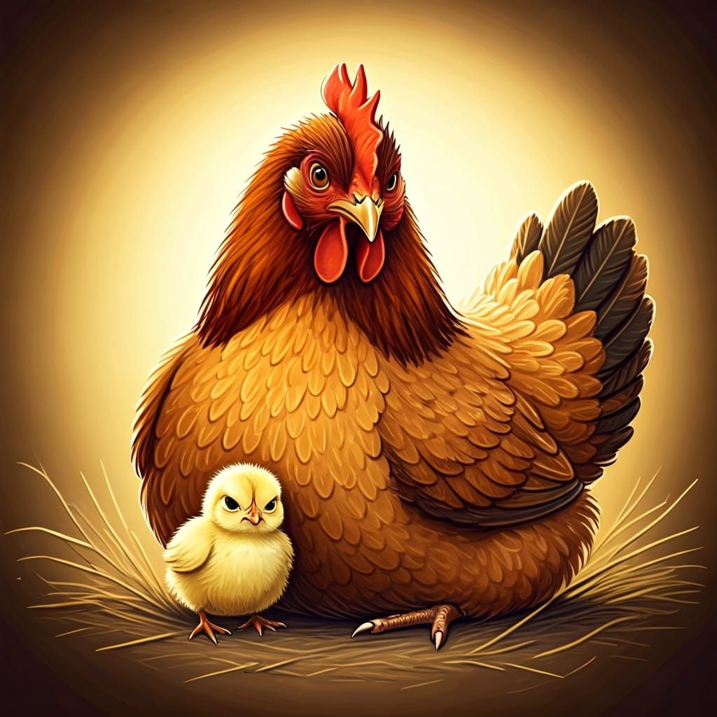 a hen with her grumpy chick - Whimsical Hen and Chick in Bea...