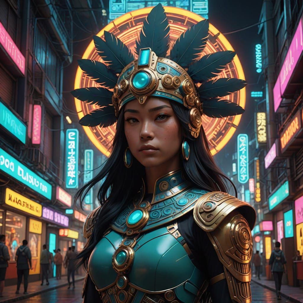Futuristic Aztec Goddess in Neon City - AI Art