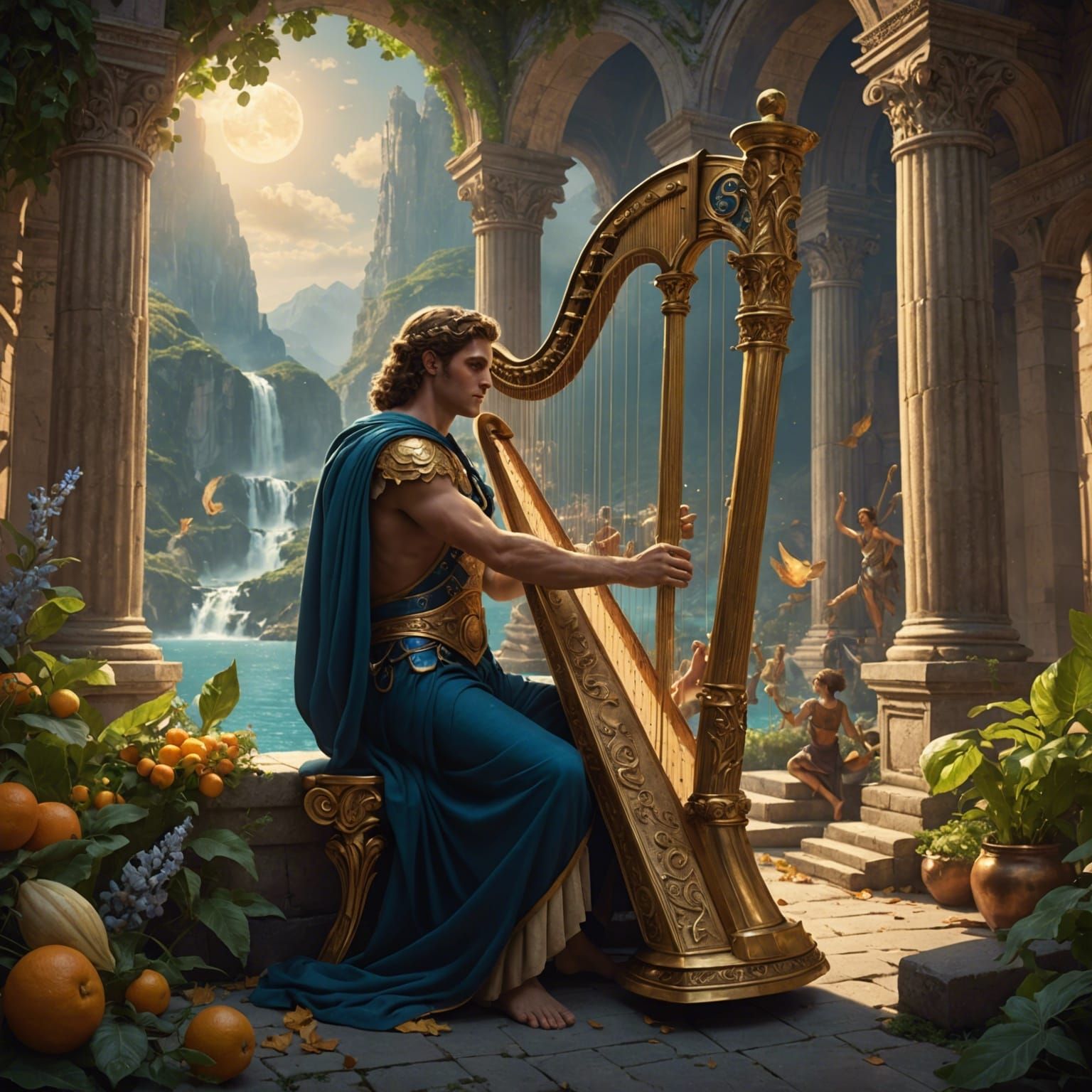 Apollo plays the harp at the feast, there are many gods and servants ...