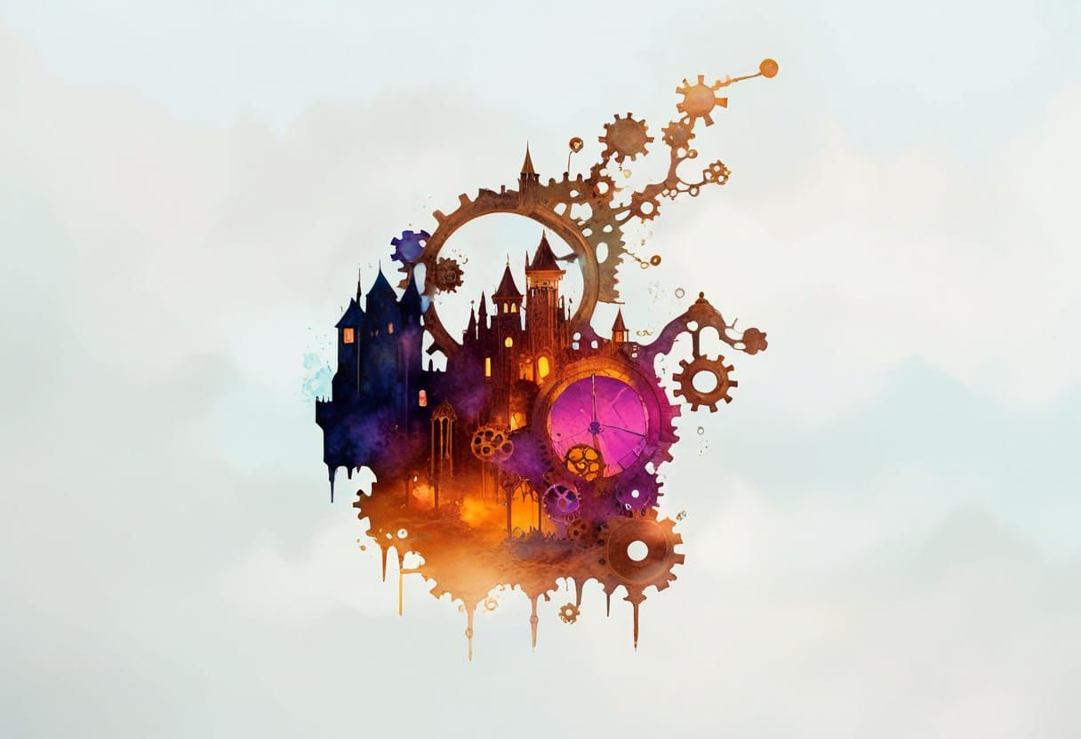 Steampunk Castle Rises from the Mists in Watercolo... - AI Art
