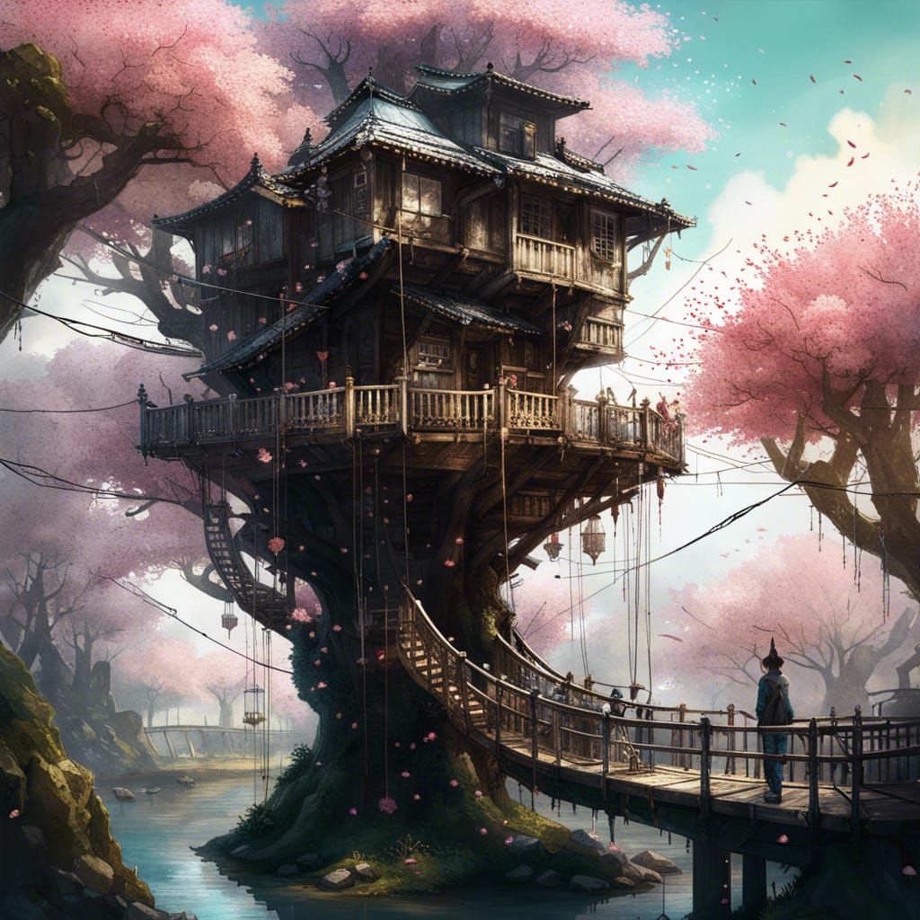 Sakura Treehouse Of Japan - AI Generated Artwork - NightCafe Creator