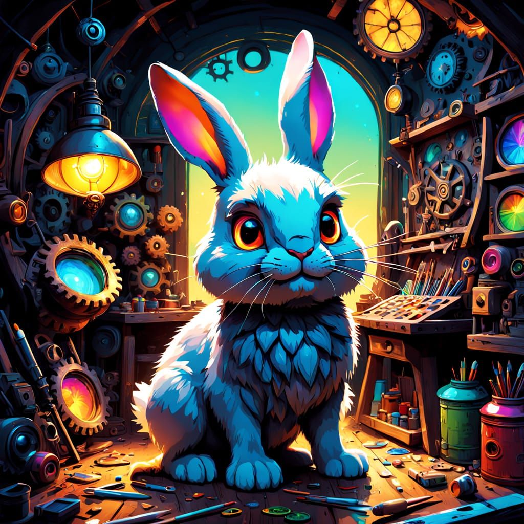 Whimsical Inventor Rabbit with Rainbow Eye in Vibr... - AI Art