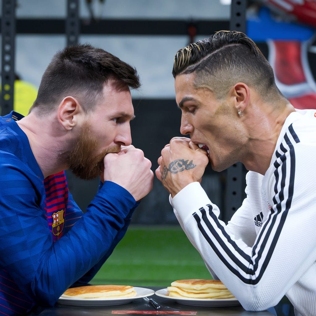 Messi and Ronaldo Intense Pancake-Eating Contest - AI Art