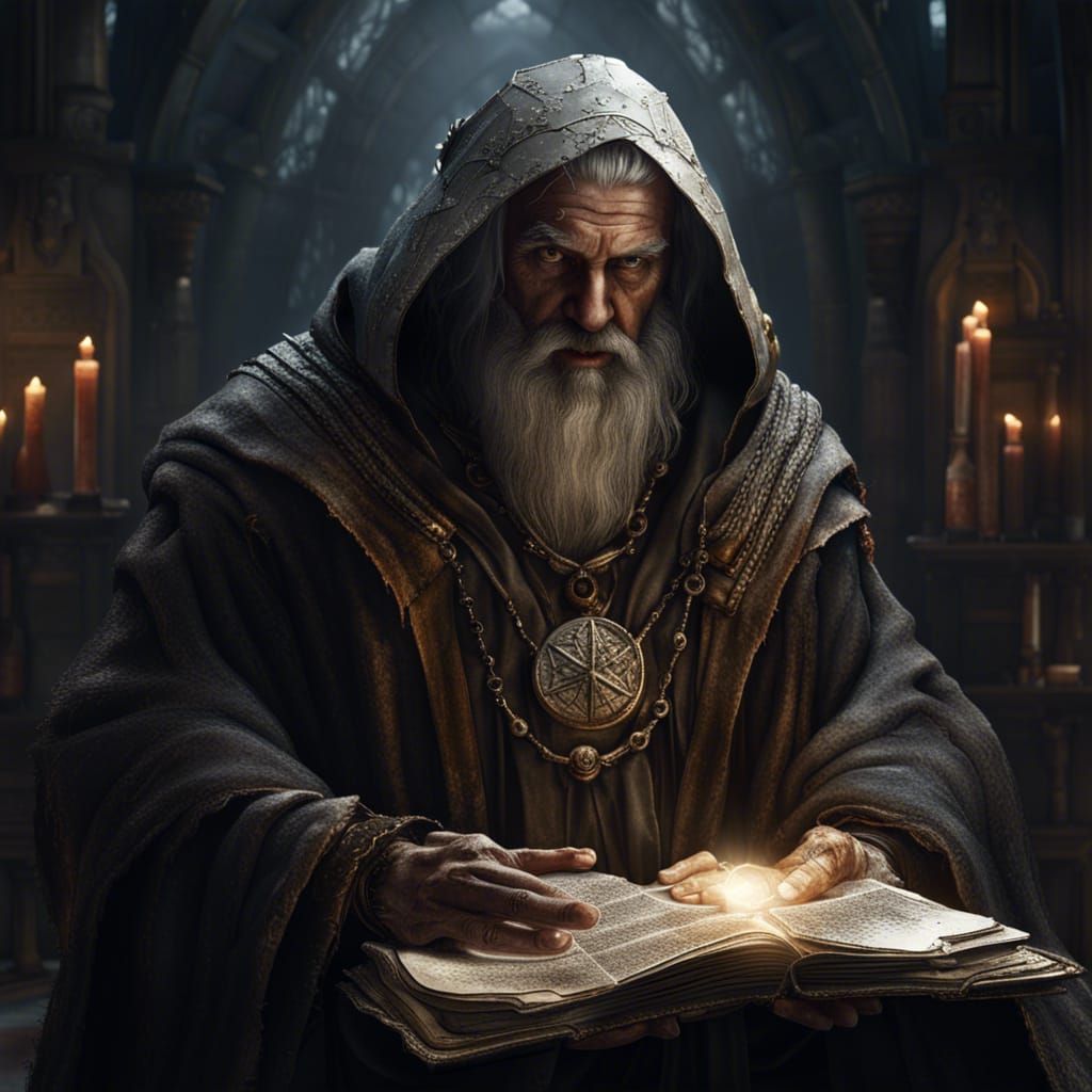 A stoic human wizard in tattered robes, clutching a weathered spellbook ...