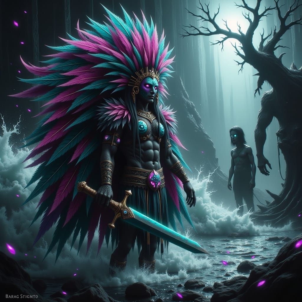 Mysterious Aztec Warrior Emerges from the Mist - AI Art