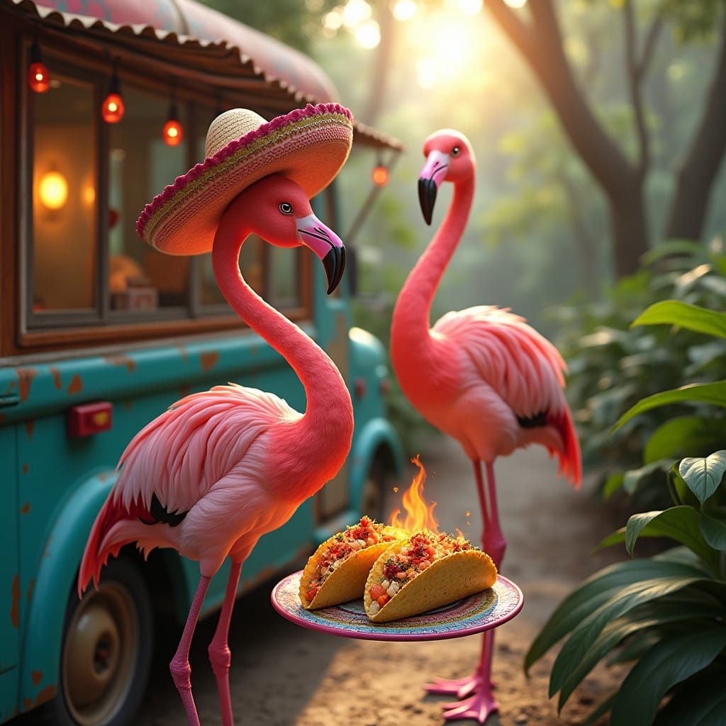 Flamingo Friends Savor Vibrant Tacos in Jungle Oas... - AI Art