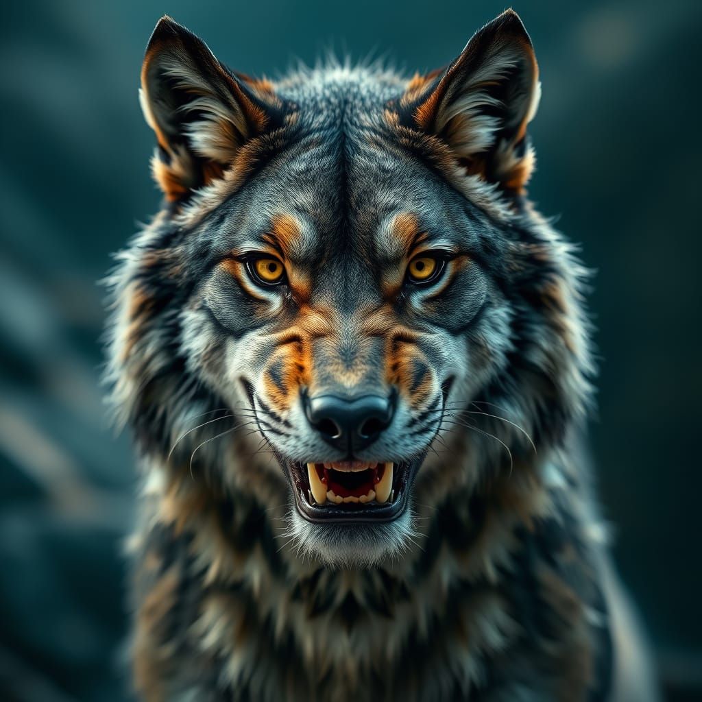 Hyper-Realistic Wolf-Cat Hybrid with Human Smile - AI Art
