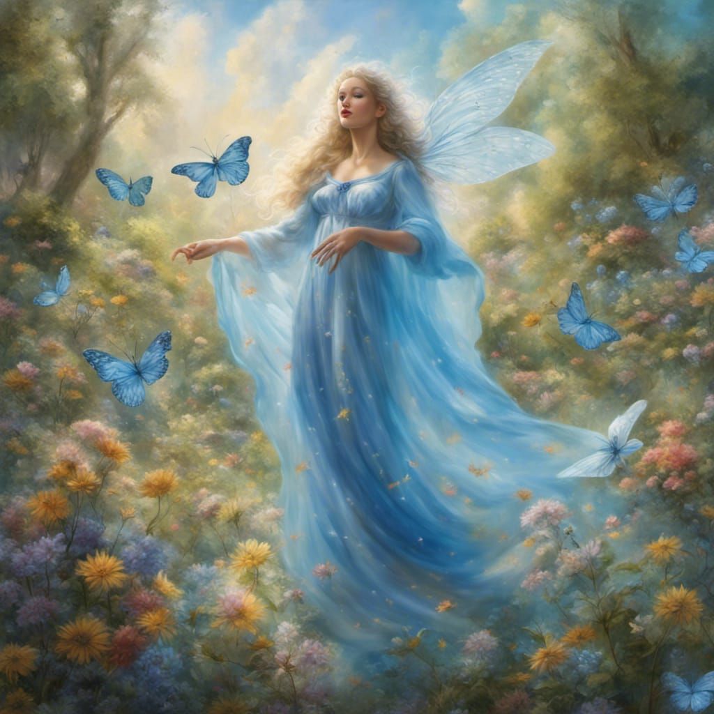 Many photorealistic magical beings with blue translucent skin fly ...