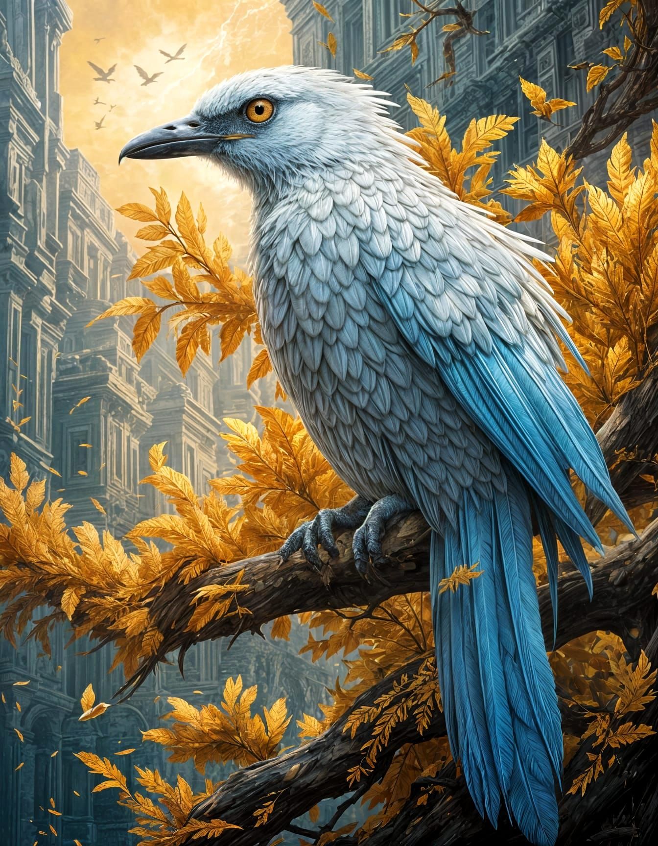 Design a detailed and painting of a mythical bird. The bird should have ...