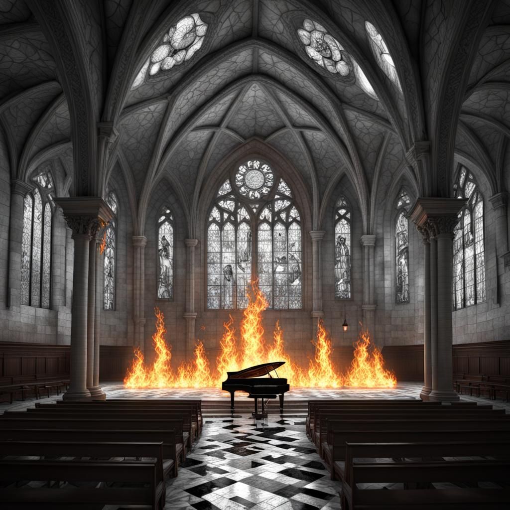 an orchestra of characters playing instruments on fire in a chapel ...