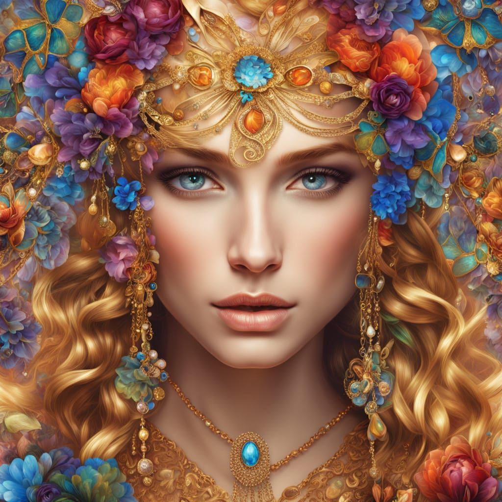 Glamorous Woman in a Tapestry of Flowers and Shimm... - AI Art