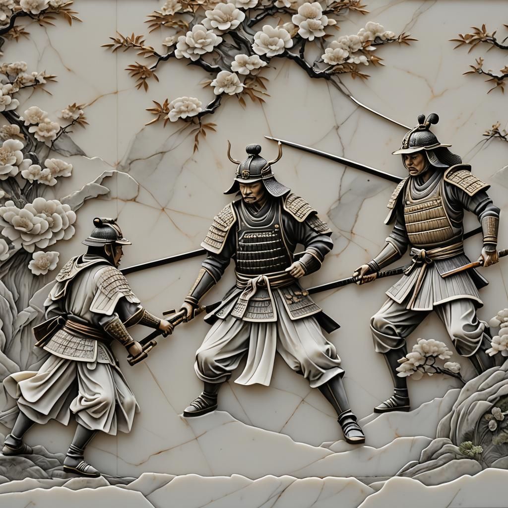 Samurai wall art inlaid in marble, battle displayed - AI Generated ...