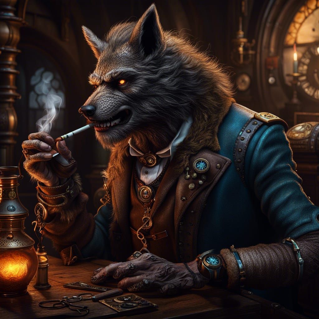 SteamPunk werewolf smoking cigars and drinking brandy - AI Generated ...