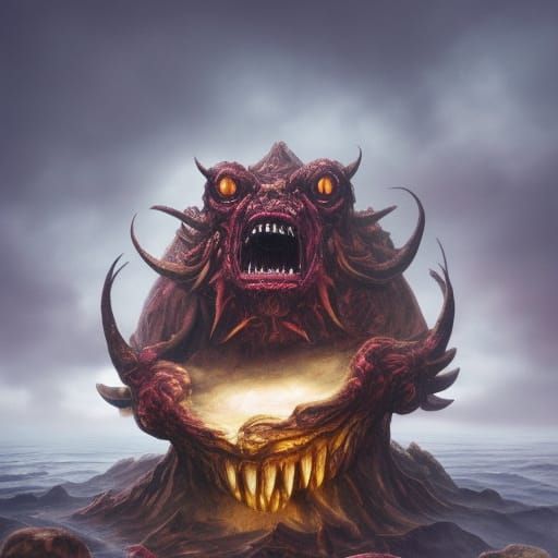 floating head, giant cube-shaped monster, cubular, colossal, disfigured ...