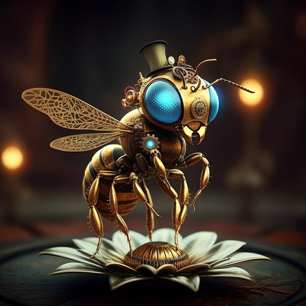 Bee in a top hat - Steampunk Bumblebee in Golden Armor Stand...