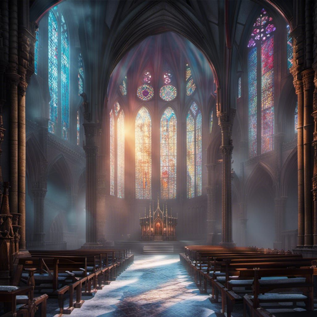 A snowy medieval scene of a mysterious gorean cathedral with epic mist ...