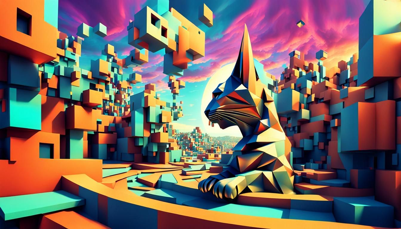 Surreal Cubist Dreamscape, Metempsychosing cybercat, dynamic lighting ...
