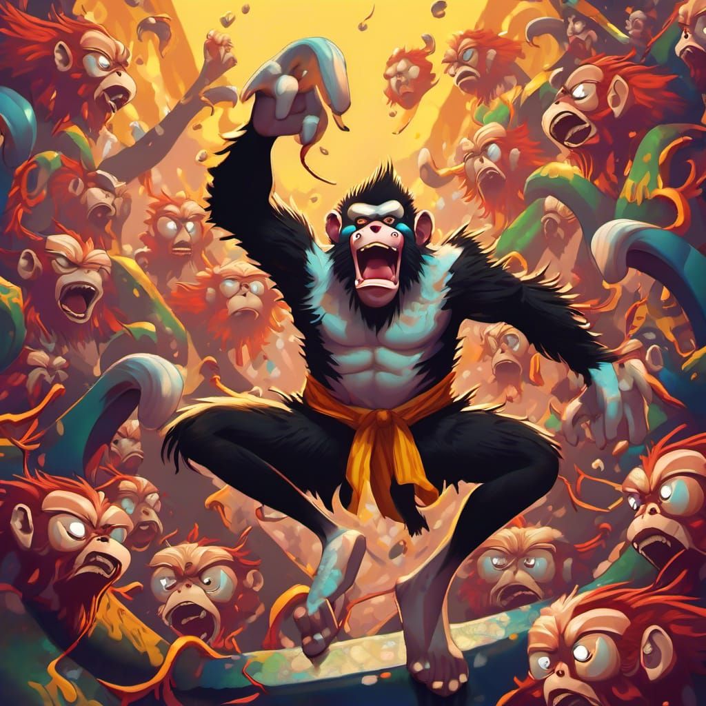 One monkey flees from a pack of angry bananas. A pack of screaming ...