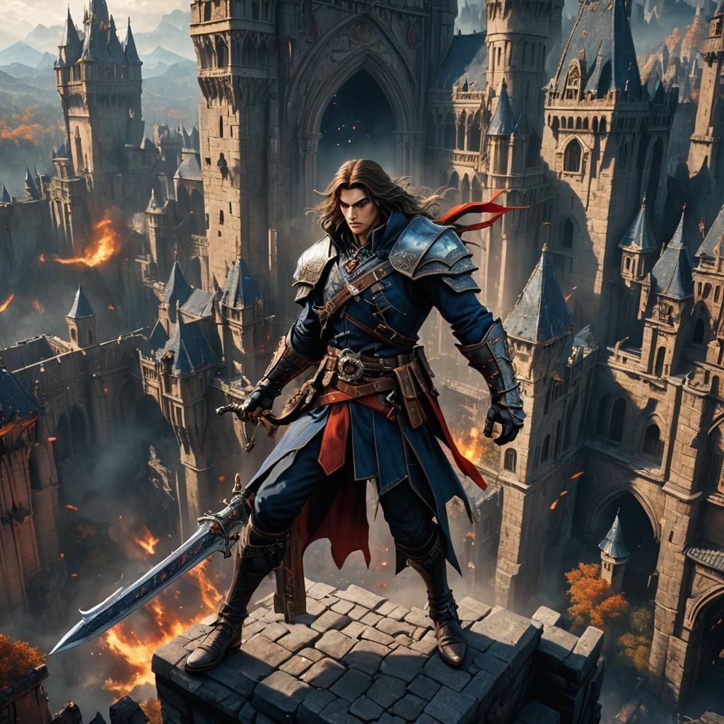 Hero of castlevania storming the castle with weapons drawn - AI ...
