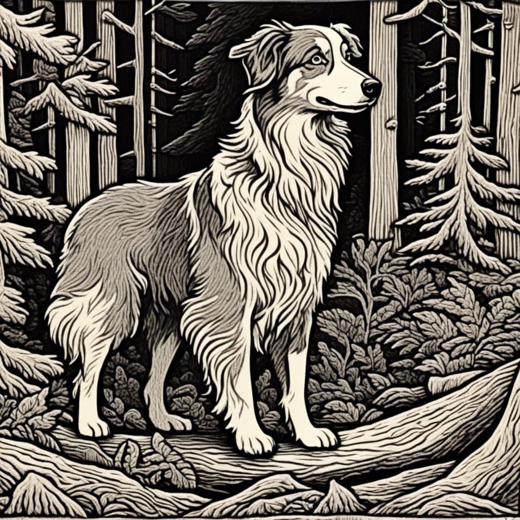 Blue in the woods- woodcut - AI Generated Artwork - NightCafe Creator