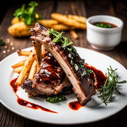 grilled lamb ribs, with french fries on plate decorated with gold ...