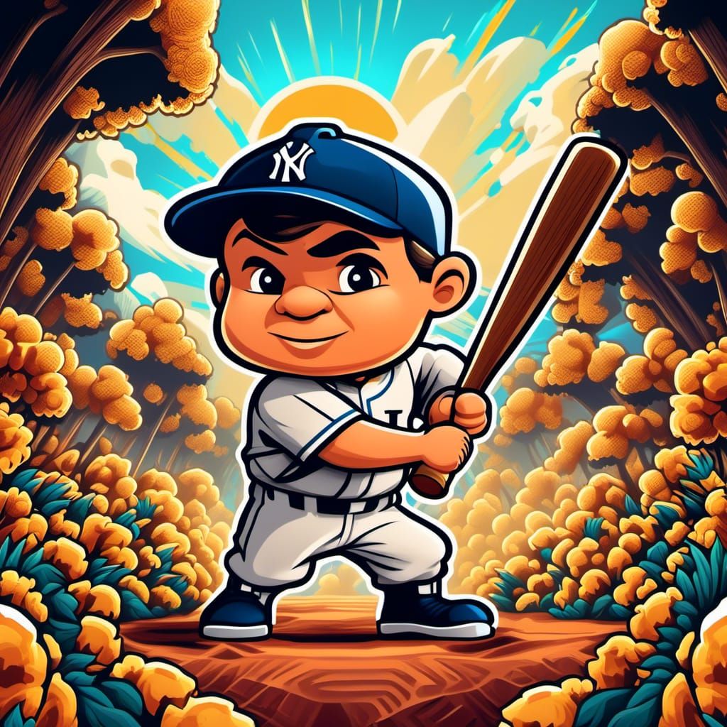 Chibi babe ruth , holding a baseball bat, comic style, Splash art ...