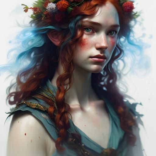 A mysterious half-elf druid with curly red hair wearing flowers - AI Generated Artwork ...