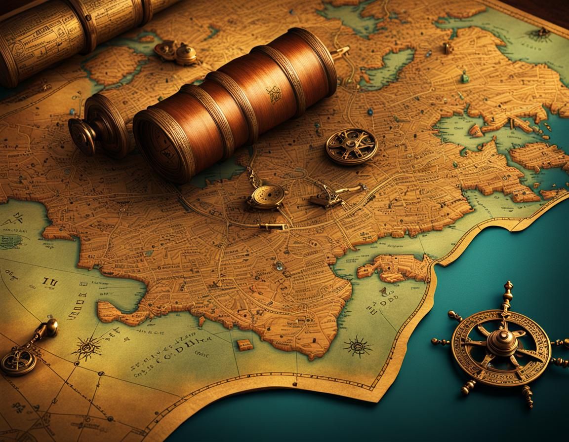 {{{A bold colourful render of an ancient treasure map overlaid ...