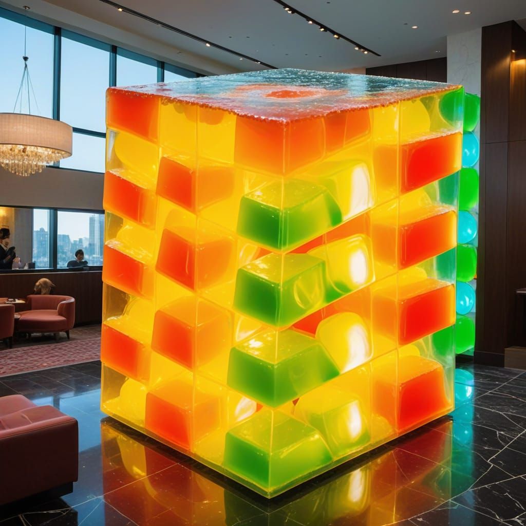 Surreal Hotel Lobby Transformed by Jello Cube with... - AI Art