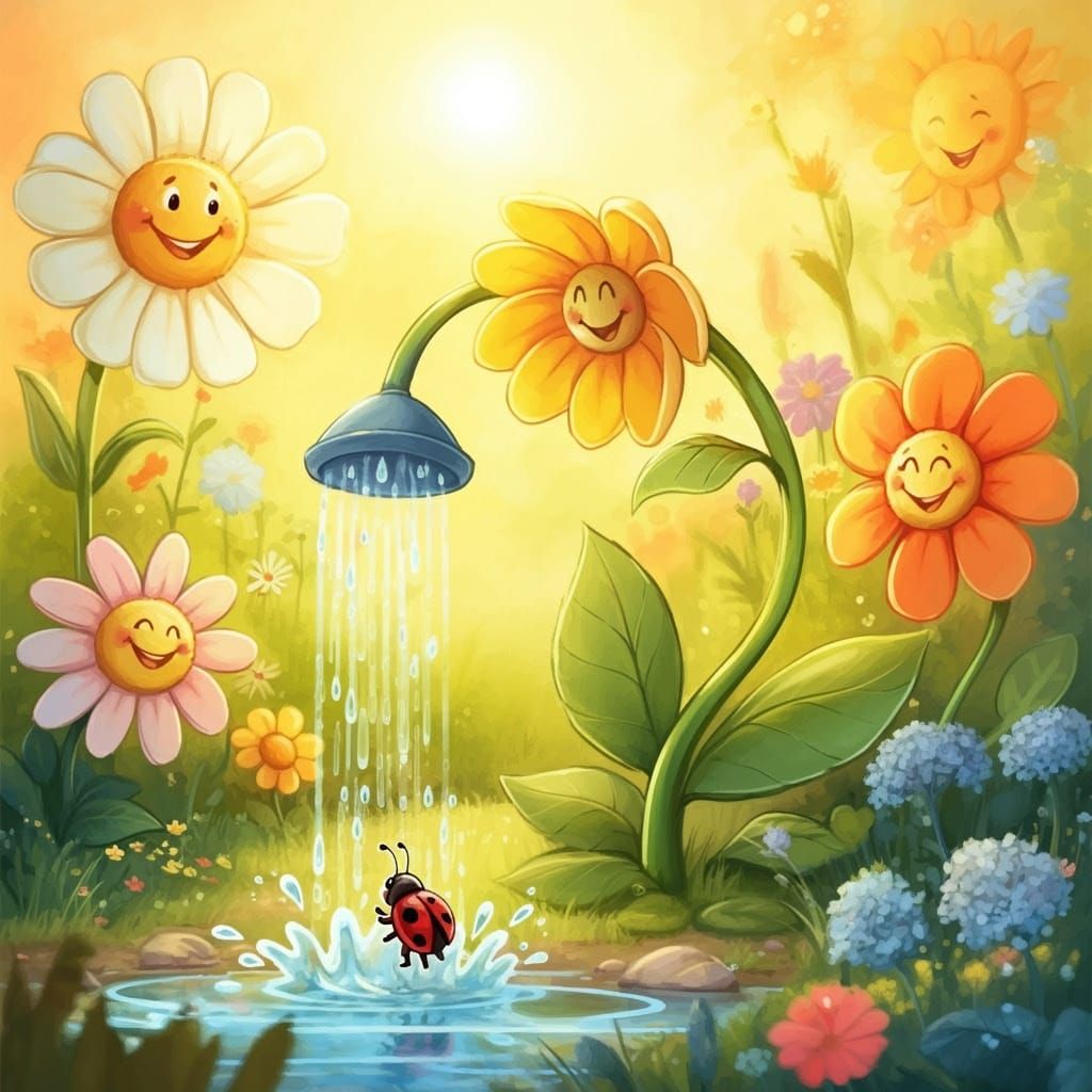 Whimsical Cartoon Garden with Smiling Flowers - AI Art